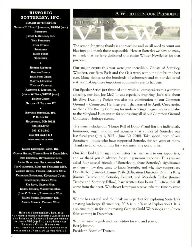 2018 Winter Newsletter – Sotterley